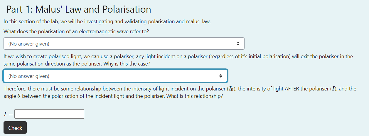 Solved Part 1: Malus' Law and Polarisation In this section | Chegg.com