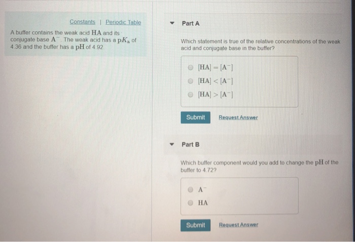 Solved Part A A buffer contains the weak acid HA and its | Chegg.com