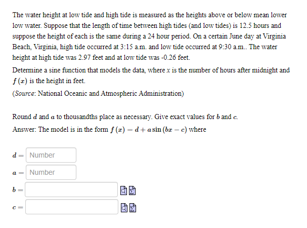 Solved The water height at low tide and high tide is | Chegg.com