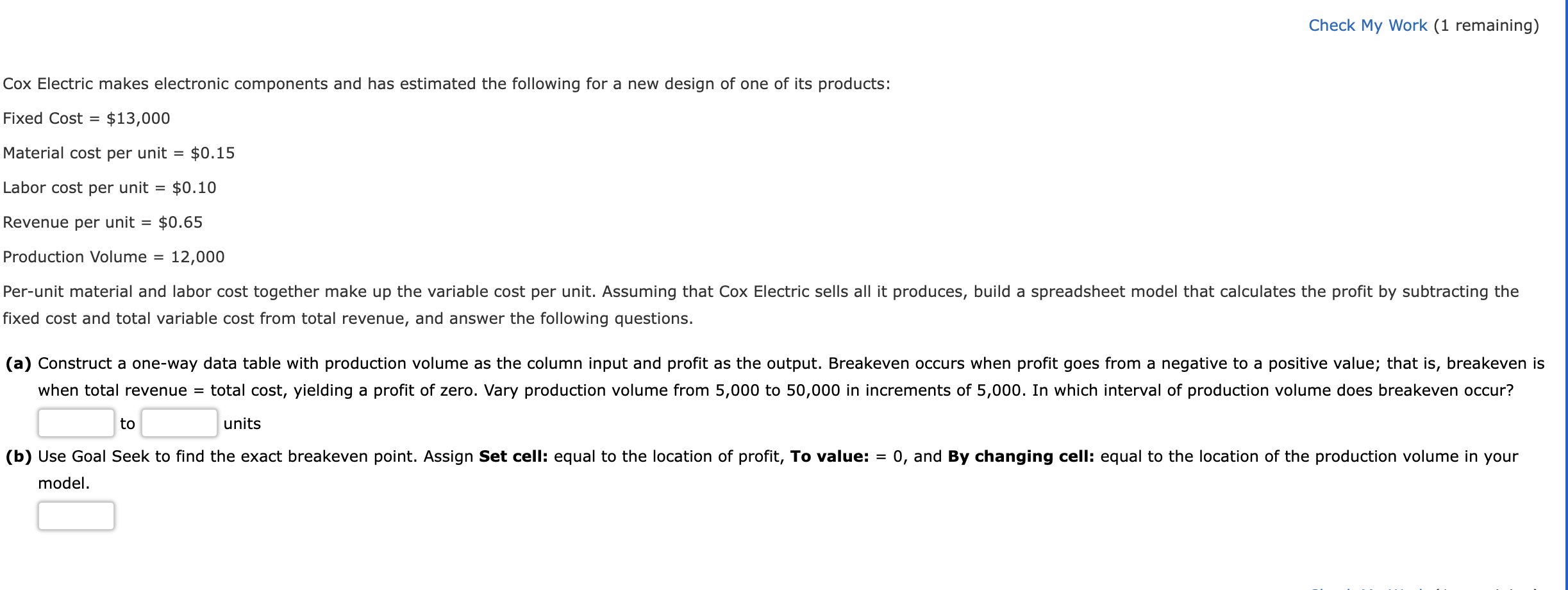 Solved Check My Work (1 remaining) Cox Electric makes | Chegg.com