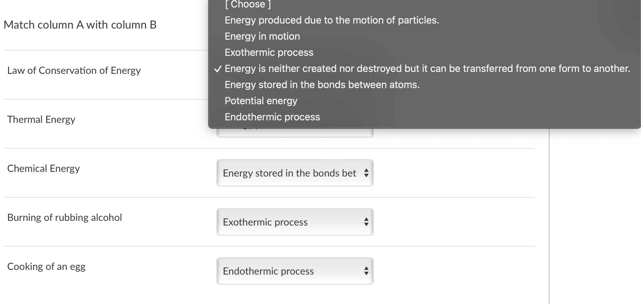 Solved [ Choose] Match column A with column B Energy | Chegg.com