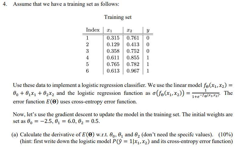Solved 4. Assume that we have a training set as follows: | Chegg.com