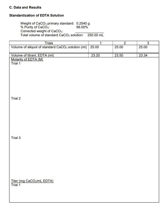 Solved C. Data and Results Standardization of EDTA Solution | Chegg.com