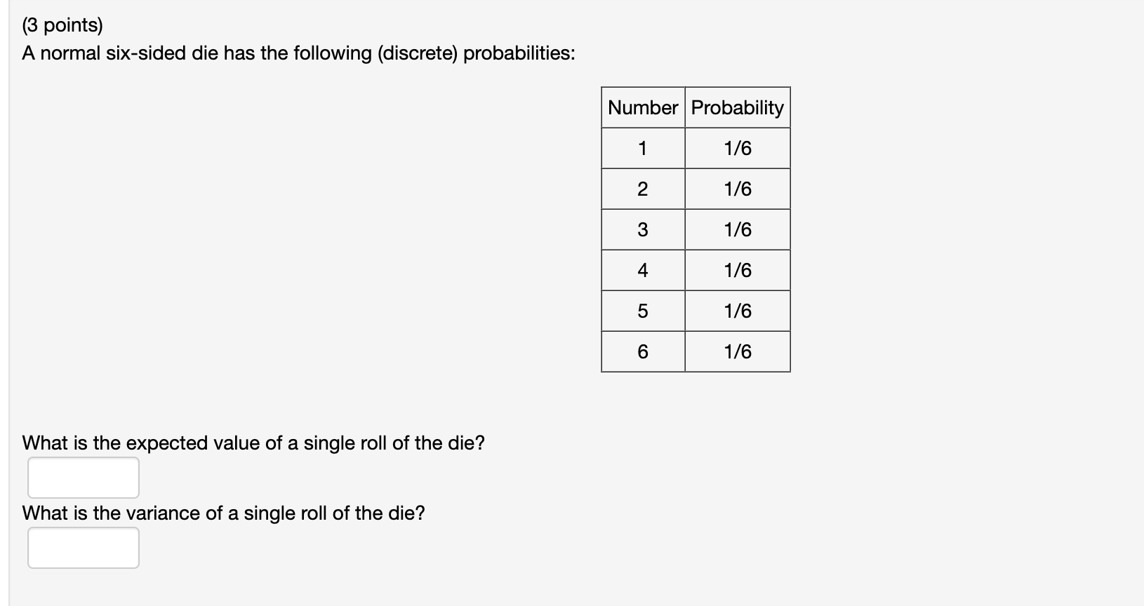 Solved (3 points) A normal six-sided die has the following | Chegg.com