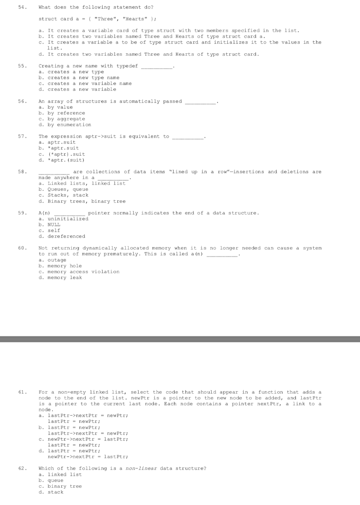 Solved What Does The Following Statement Do 54 Struct Card