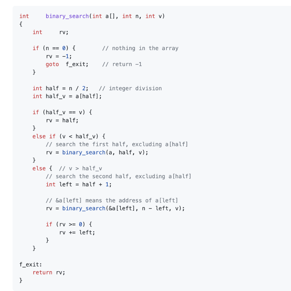 Solved int binary_search(int a[], int n, int v ) int rv; if | Chegg.com