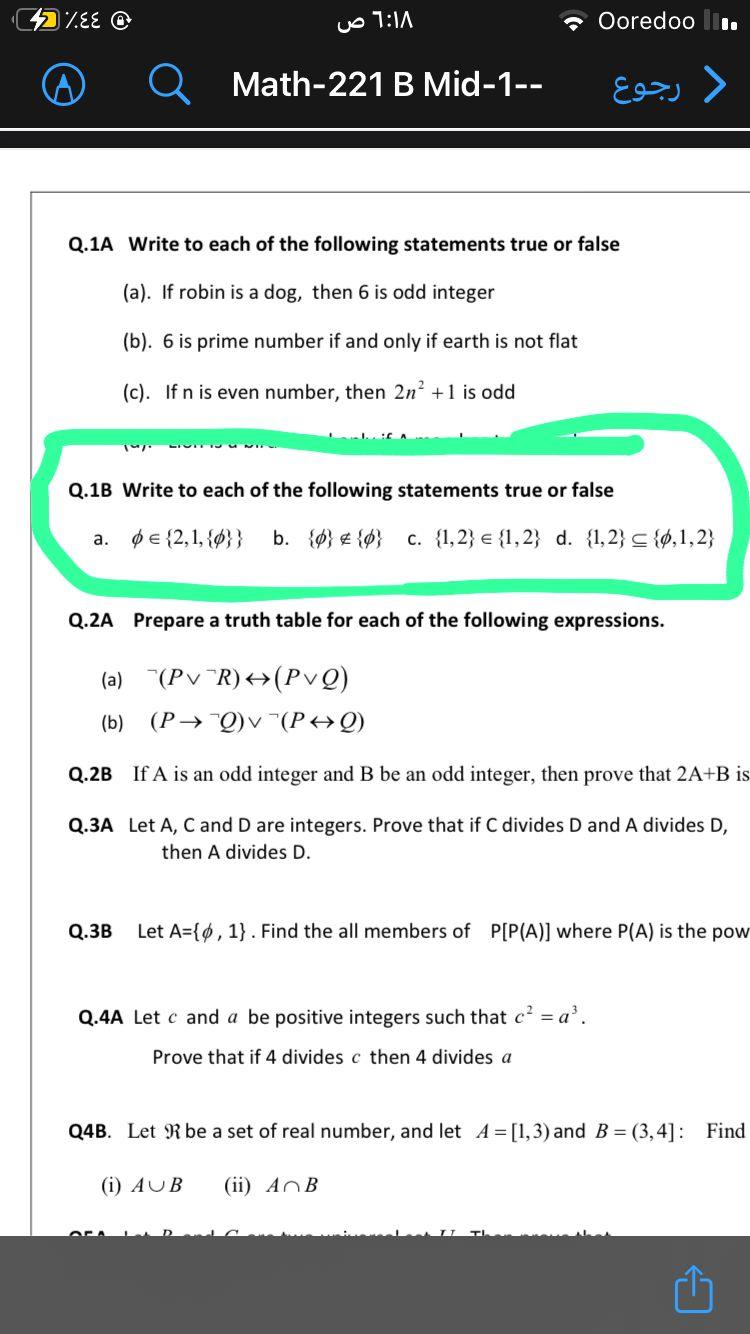 Solved Q.1A Write to each of the following statements true | Chegg.com