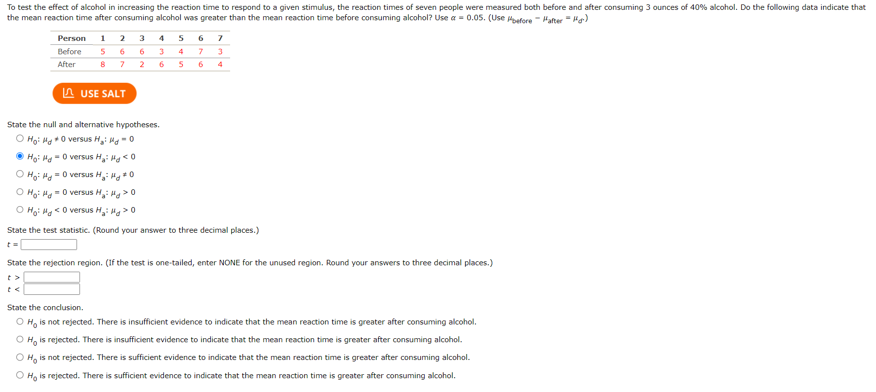 Solved the mean reaction time after consuming alcohol was | Chegg.com