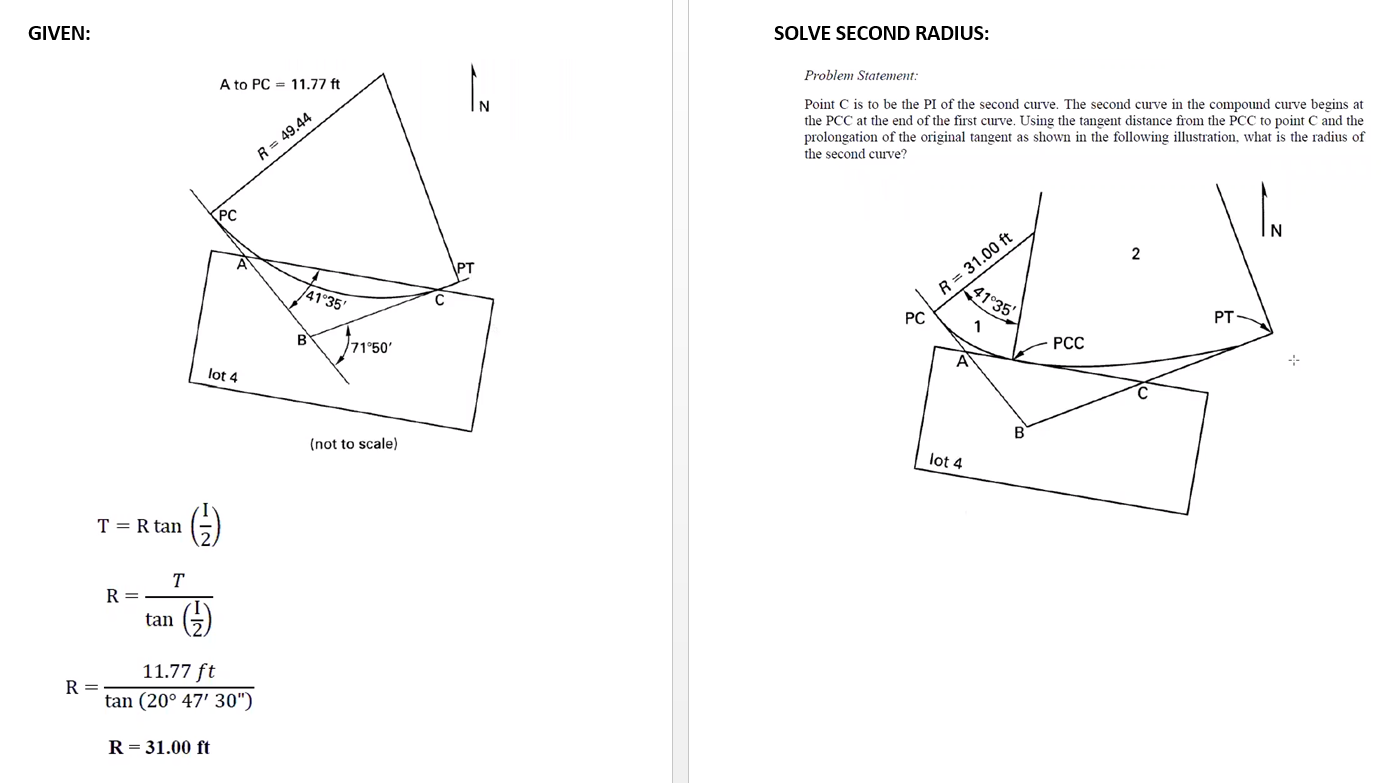 Solved GIVEN: SOLVE SECOND RADIUS: A to PC = 11.77 ft N | Chegg.com