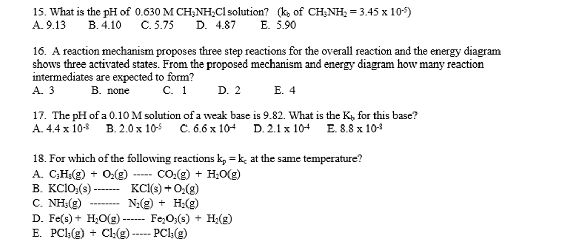 Solved 15. What is the pH of 0.630 M CH3NH2Cl solution? (ks | Chegg.com