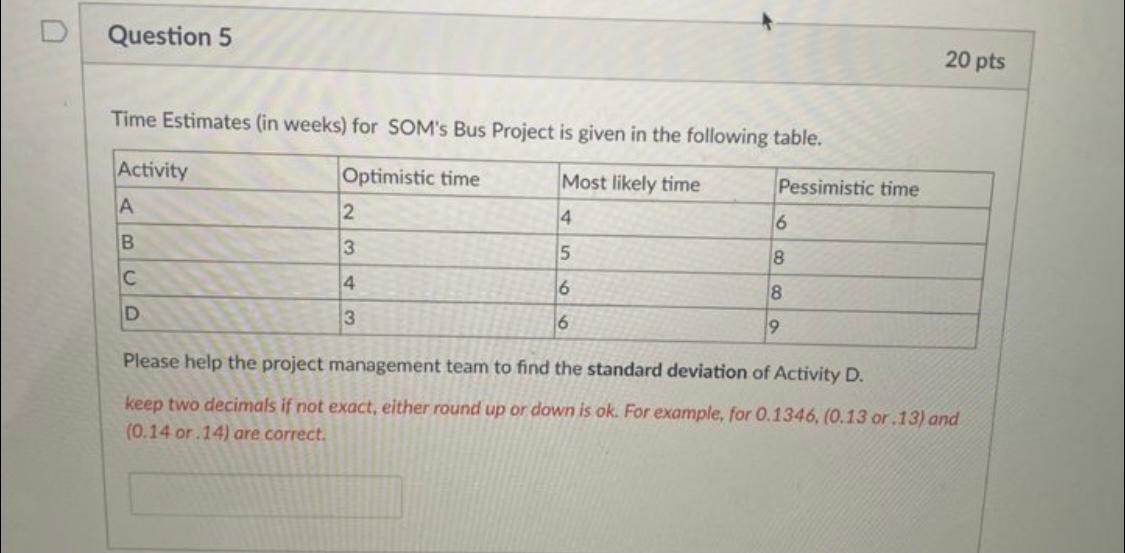 Solved u Question 5 20 pts Time Estimates (in weeks) for | Chegg.com