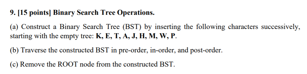Solved 9. [15 points] Binary Search Tree Operations. (a) | Chegg.com