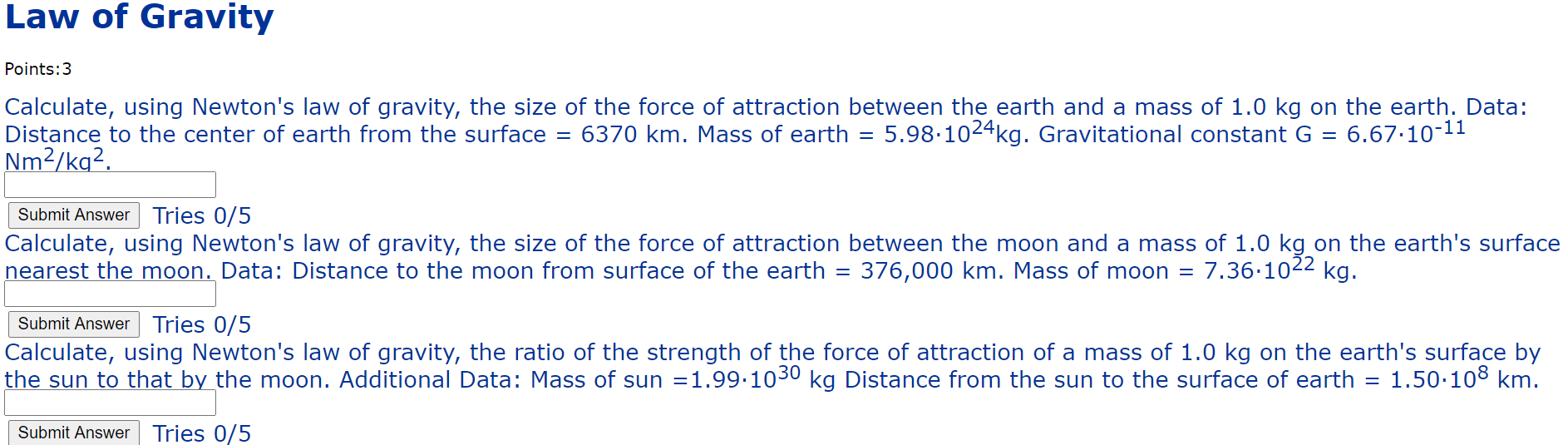 Solved Law of Gravity Points:3 Calculate, using Newton's law | Chegg.com