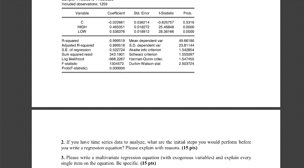 Solved Included observations: 1259 Variable Coefficient Std. | Chegg.com