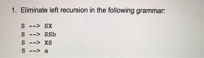 Solved 1. Eliminate left recursion in the following grammar: | Chegg.com