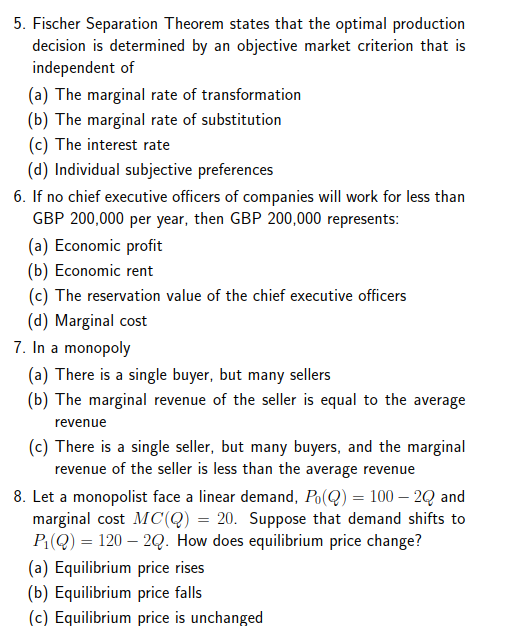 Solved Fischer Separation Theorem states that the optimal | Chegg.com