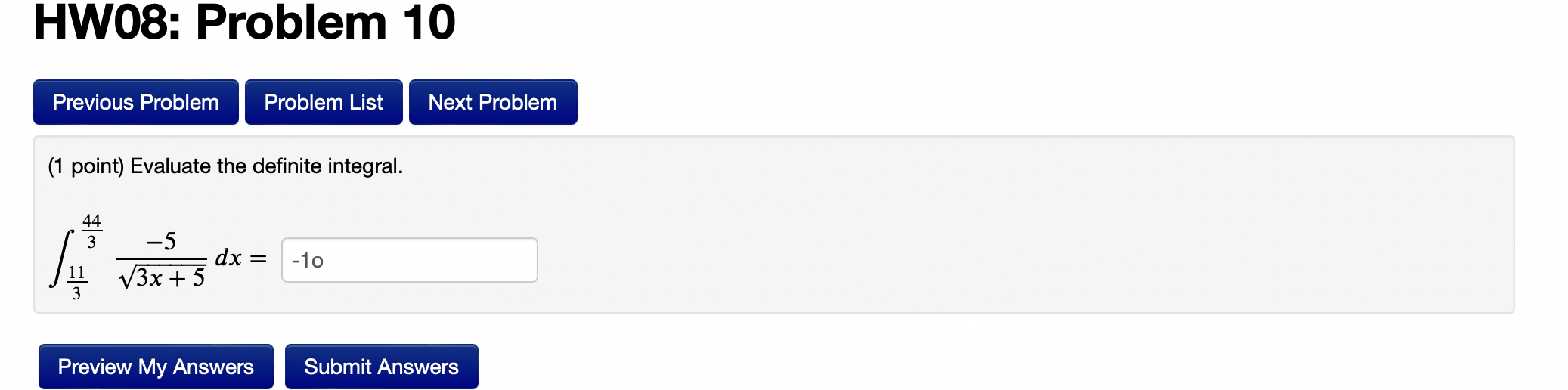 Solved (1 point) Evaluate the definite integral. | Chegg.com