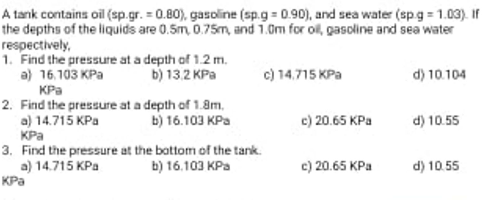 Solved A tank contains oil (sp.gr. =0.80 ), gasoline (sp.g | Chegg.com