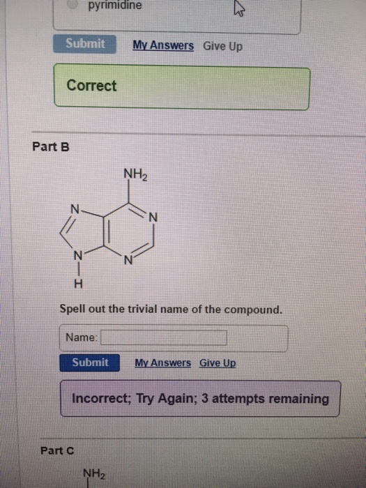 Solved pyrimidine Submit My Answers Give Up Correct Part B | Chegg.com