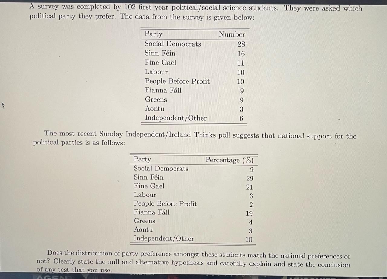 Solved A survey was completed by 102 first year | Chegg.com