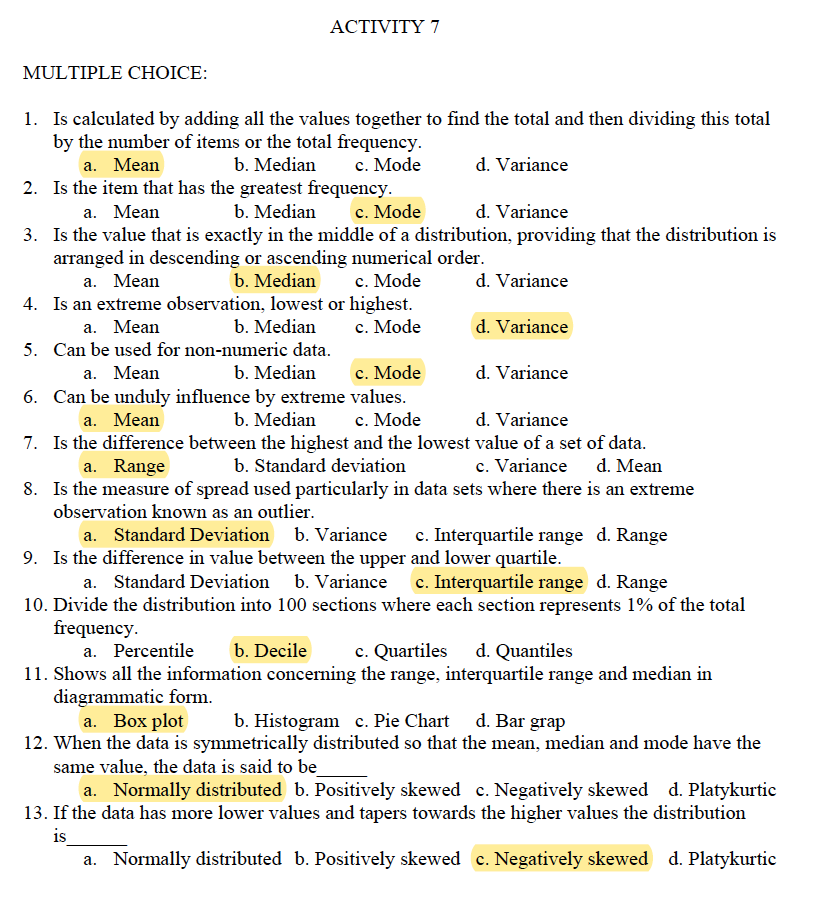 Solved ACTIVITY 7 MULTIPLE CHOICE: 1. Is calculated by | Chegg.com