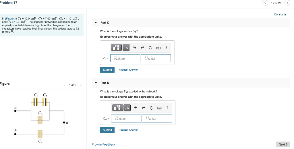 Solved Constants In (Figure 1) C = 10.0 mF, C2 = 7.00 mF, C | Chegg.com