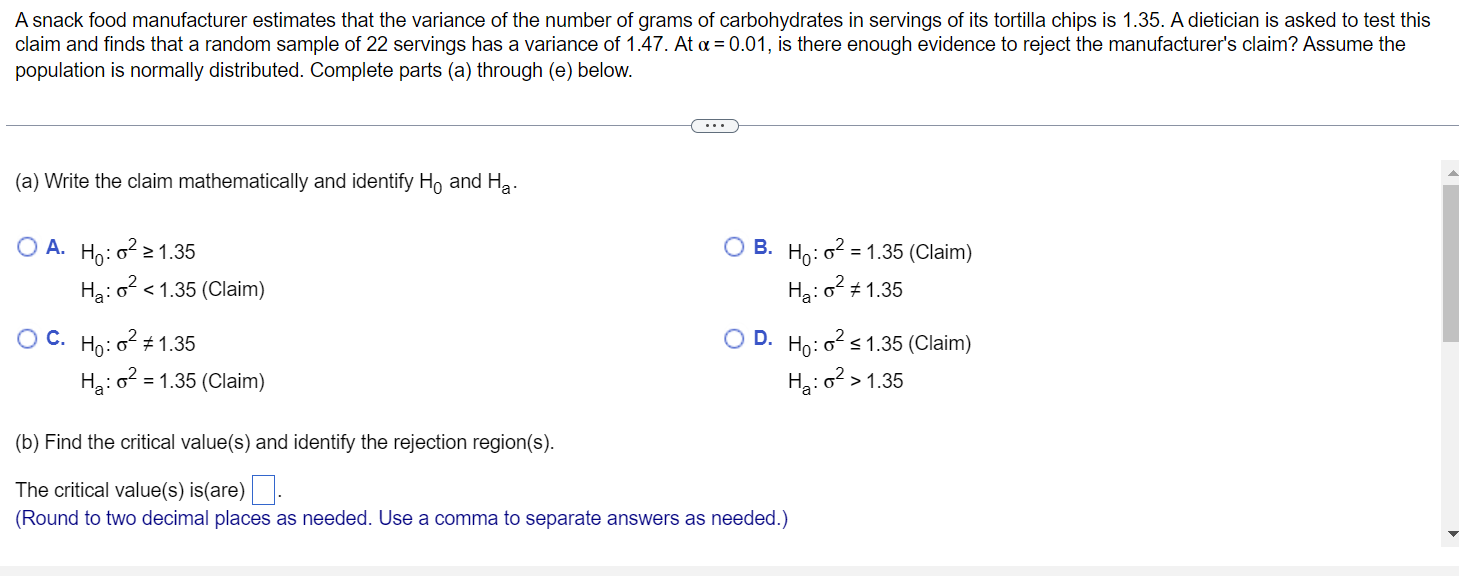 Solved A snack food manufacturer estimates that the variance | Chegg.com