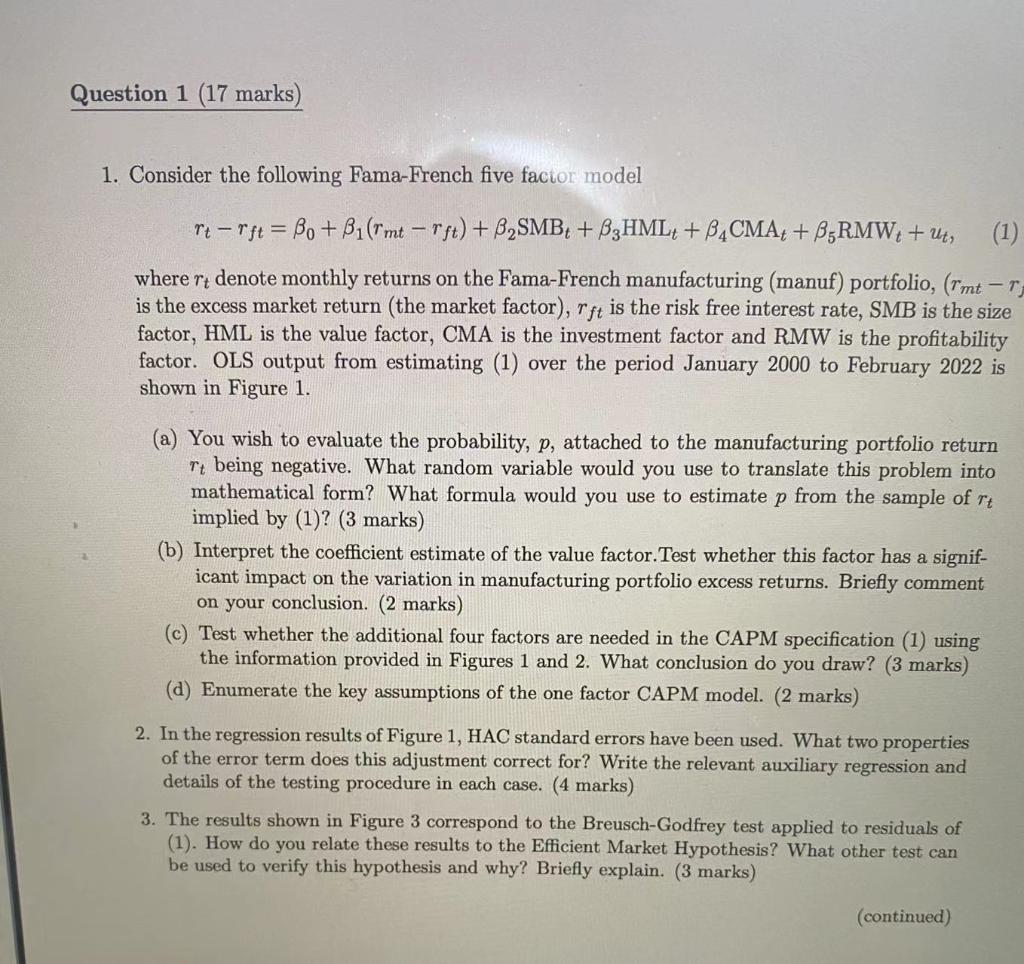 1. Consider the following Fama-French five factor | Chegg.com