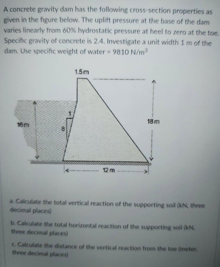 Solved a concrete gravity dam has the following cross- | Chegg.com