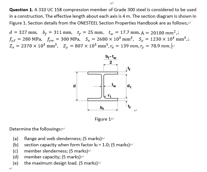 Solved Question 1. A 310 UC 158 compression member of Grade | Chegg.com