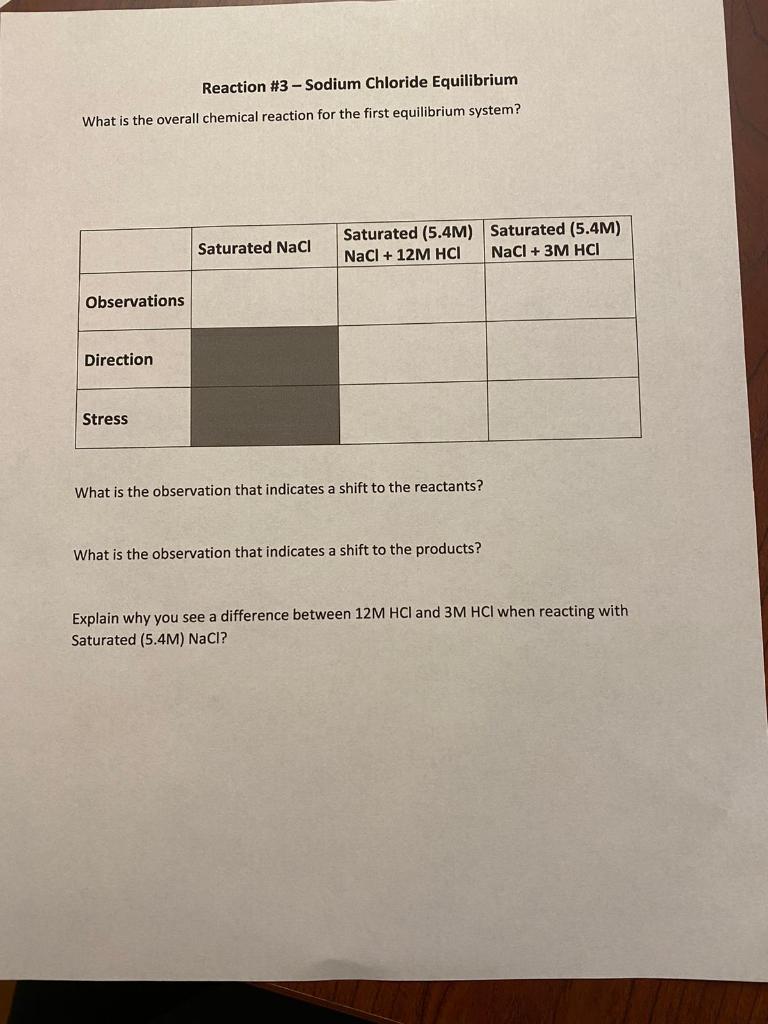 Solved Reaction #3 - Sodium Chloride Equilibrium What is the | Chegg.com