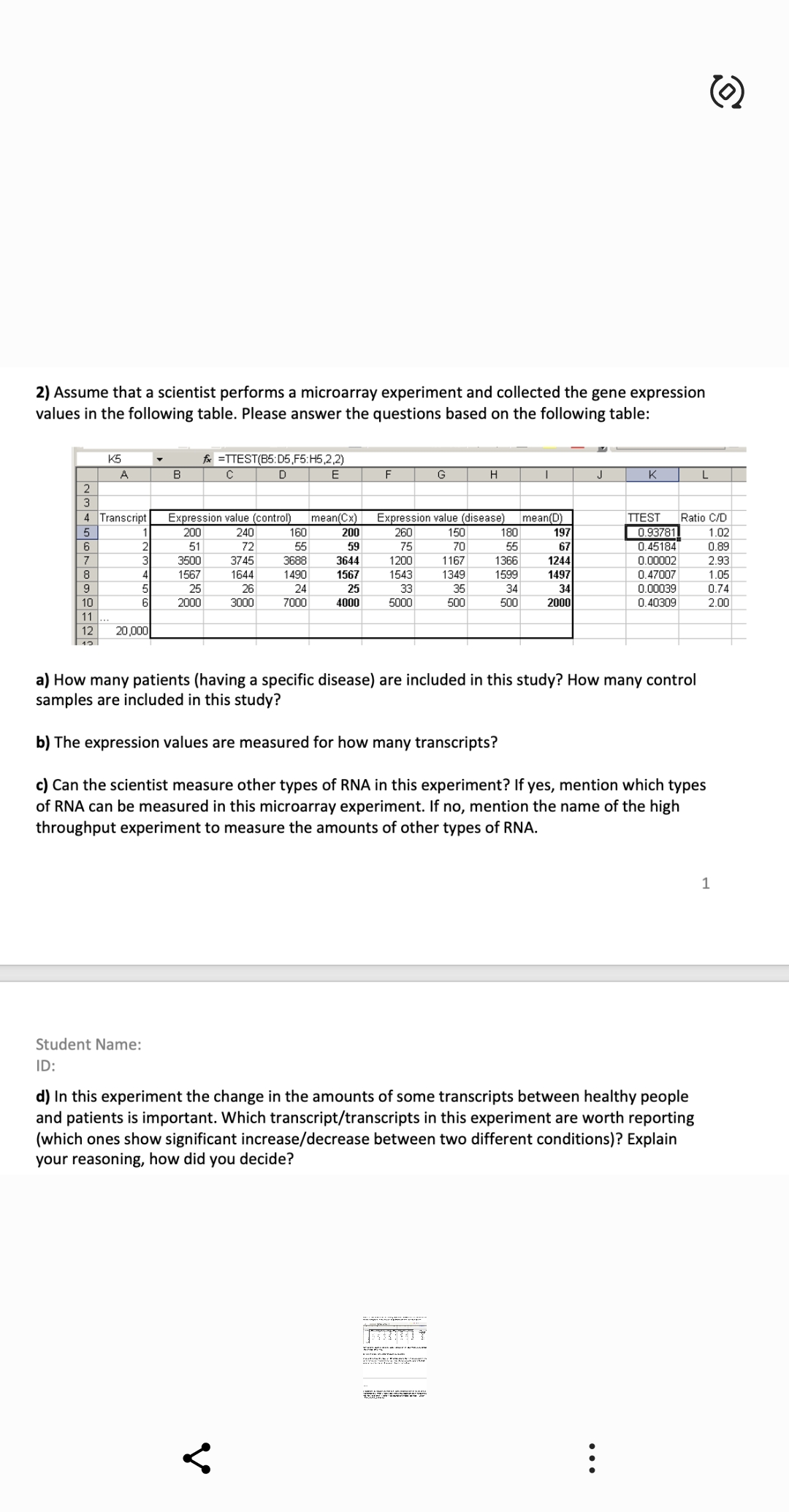 Solved 2) Assume that a scientist performs a microarray | Chegg.com