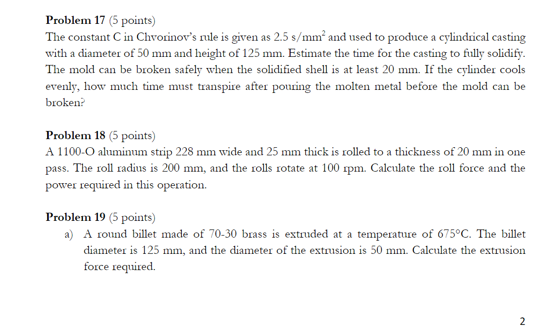 Solved Problem 17 (5 points) The constant C in Chvorinov's | Chegg.com