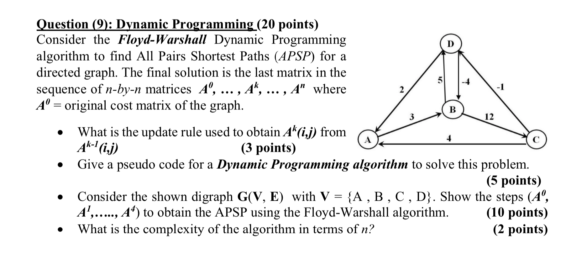 Solved 2 В. 3 12 Question (9): Dynamic Programming (20 | Chegg.com