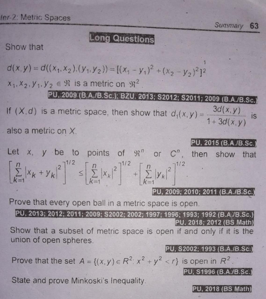 Solved ter 2: Metric Spaces Summary 63 Long Questions Show | Chegg.com