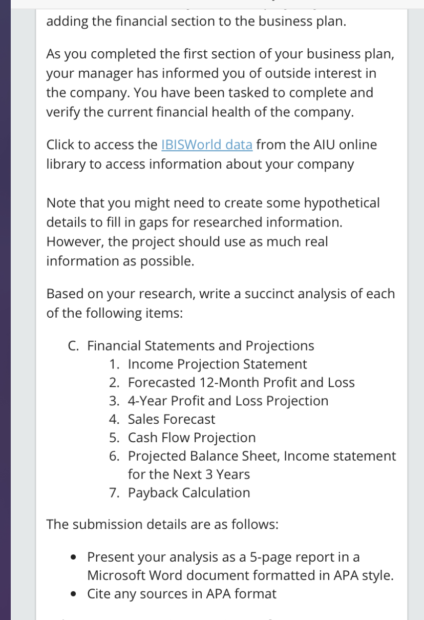 Solved adding the financial section to the business plan. As | Chegg.com