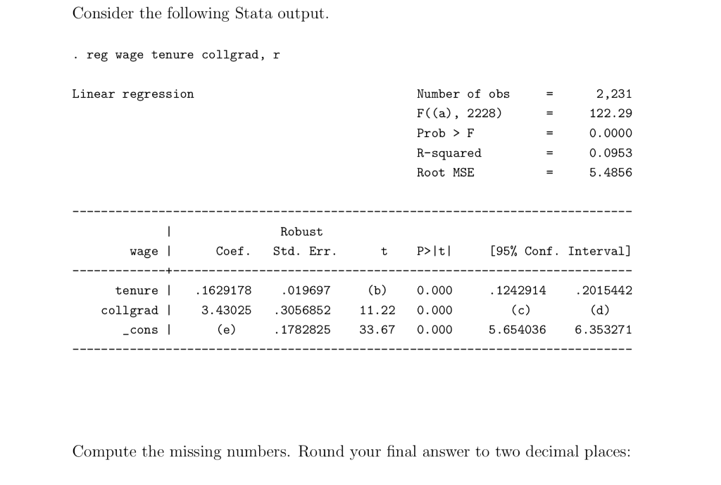 Solved Consider the following Stata output. reg wage tenure | Chegg.com