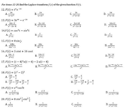 Solved For items 12-20, find the Laplace transform f(s) of | Chegg.com