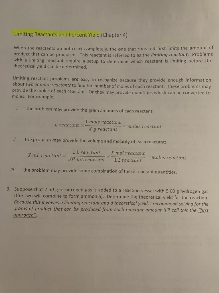 Solved Limiting Reactants and Percent Yield (Chapter 4) When | Chegg.com