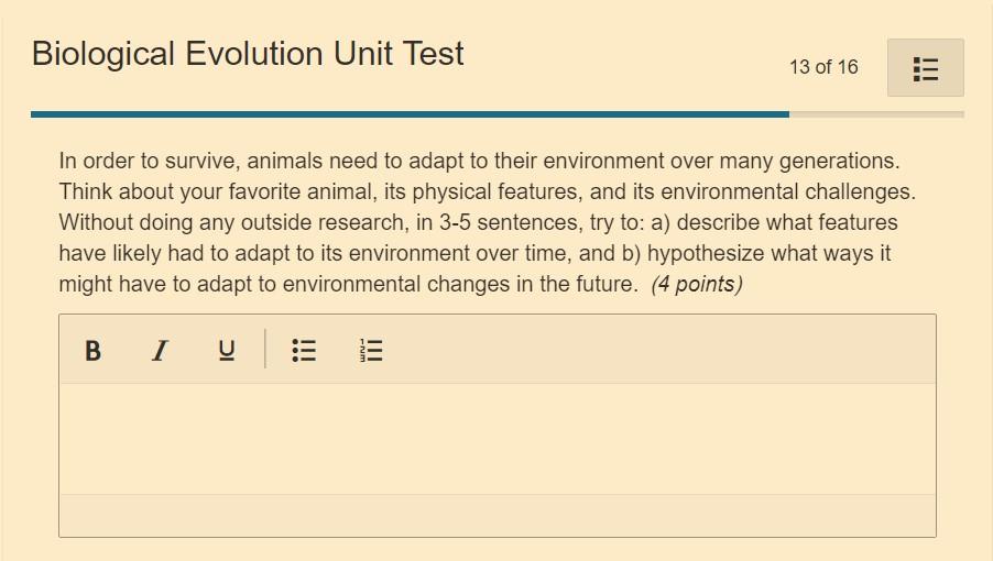 Solved Biological Evolution Unit Test 13 of 16 In order to | Chegg.com