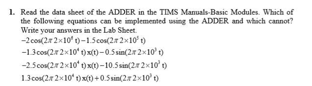Solved 1. Read the data sheet of the ADDER in the TIMS | Chegg.com