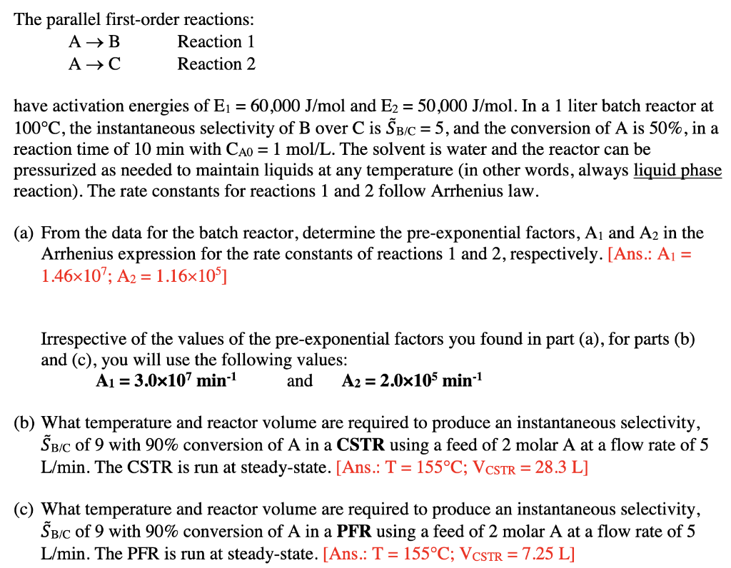 Solved The Parallel First Order Reactions A → B Reaction 1