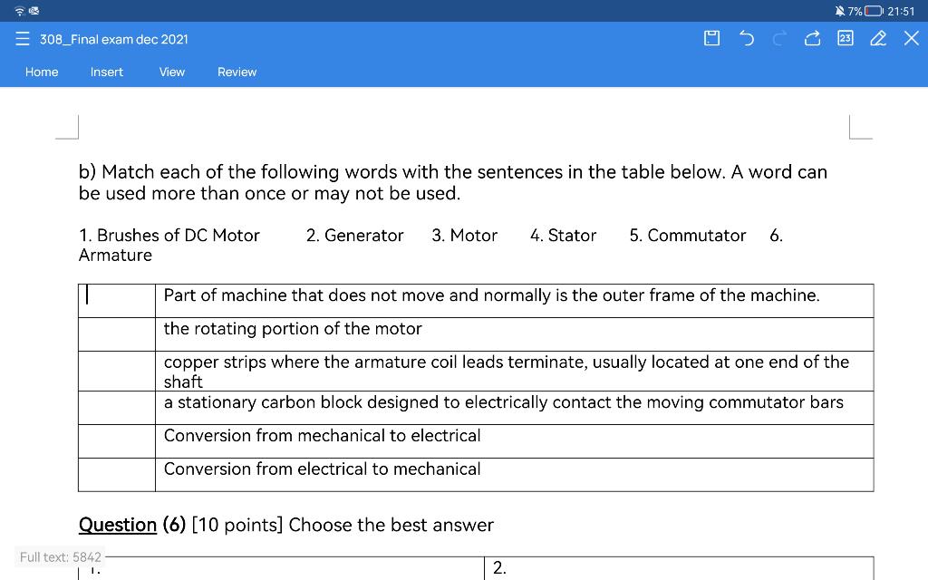 Solved Match each of the following words with the sentences | Chegg.com