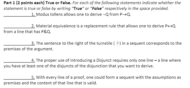 Solved Part 1 (2 points each) True or False. For each of the | Chegg.com