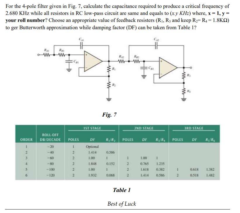 Solved For the 4-pole filter given in Fig. 7, calculate the | Chegg.com