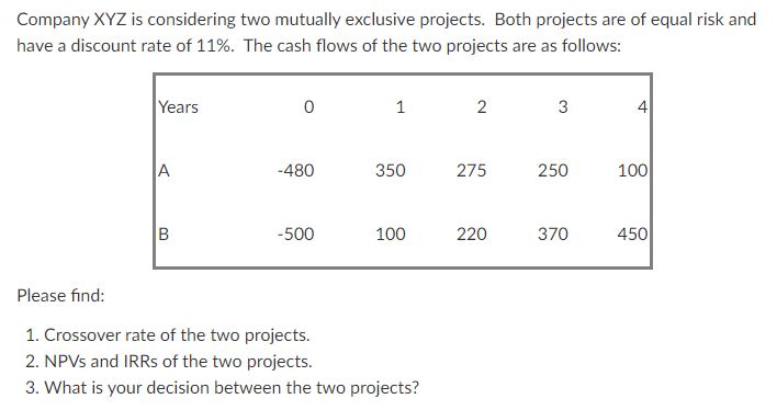 Solved Company XYZ is considering two mutually exclusive | Chegg.com