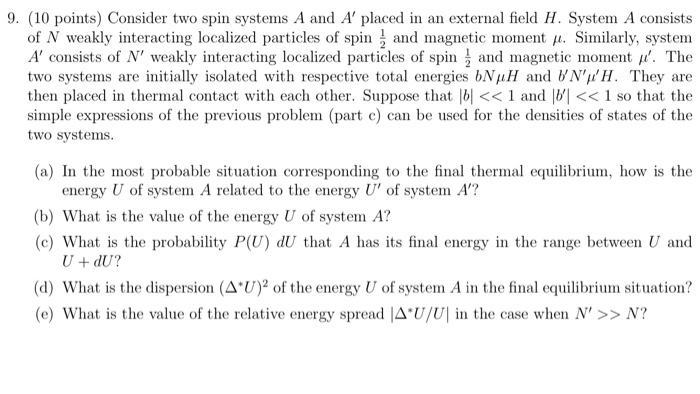 Solved 9. (10 points) Consider two spin systems A and A' | Chegg.com
