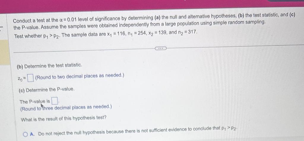 Solved Conduct a test at the α=0.01 level of significance by | Chegg.com