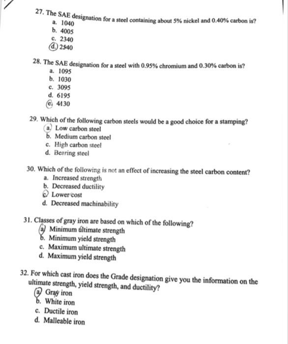 Solved 27. The SAE designation for a steel containing about | Chegg.com