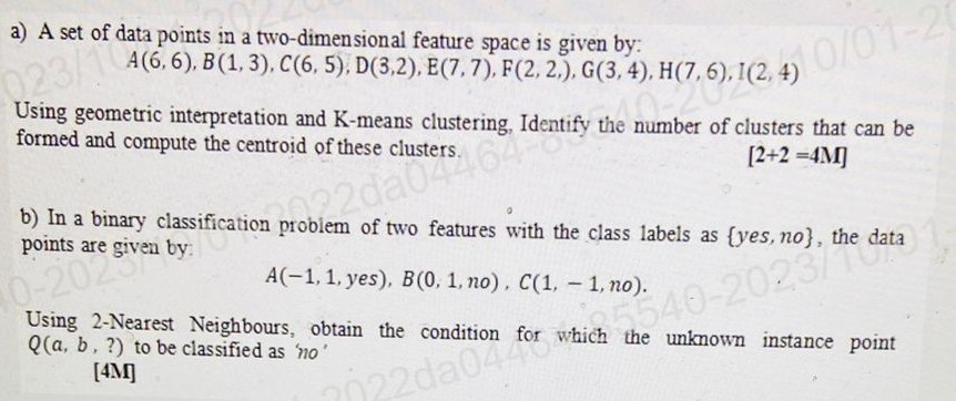 Solved a) A set of data points in a two-dimensional feature | Chegg.com